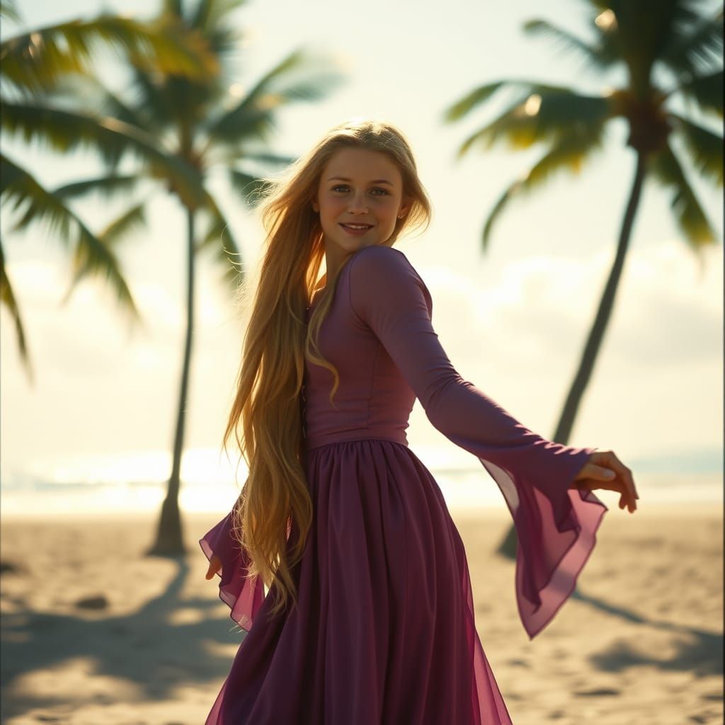 Rapunzel in Elegant Dance Pose on Sunny Beach - AI Art