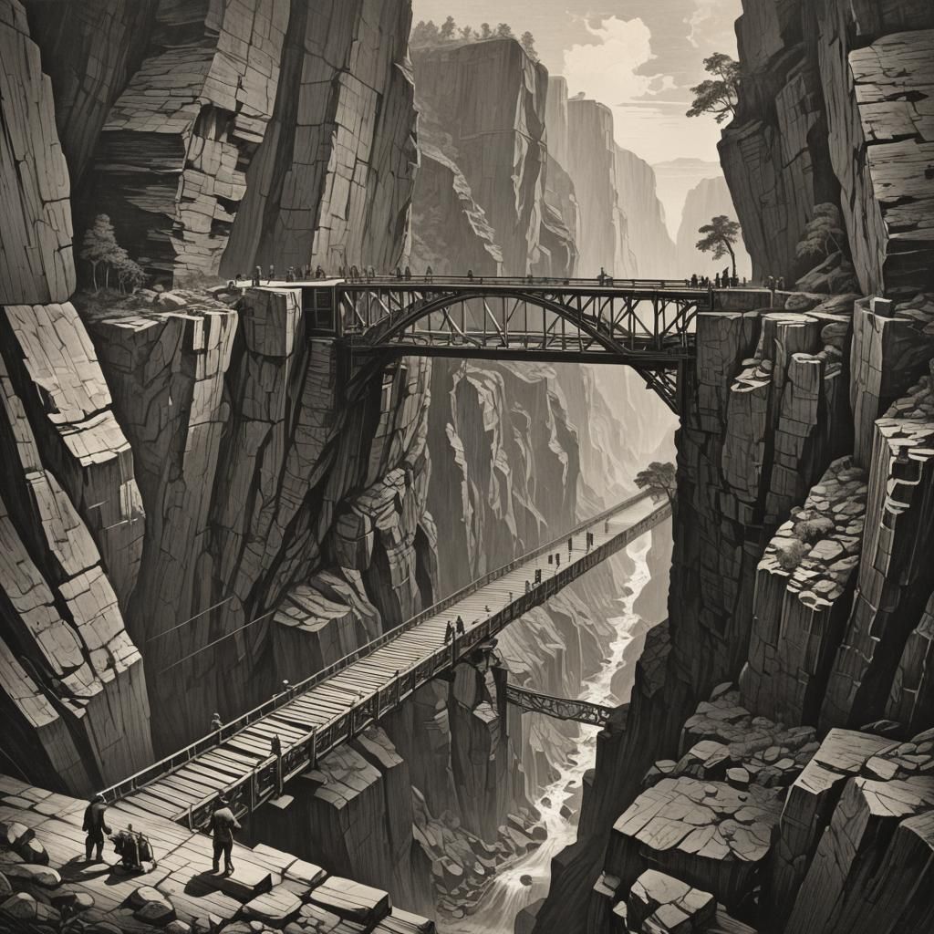 a pieces of metal engraved with one man being made into a bridge across ...