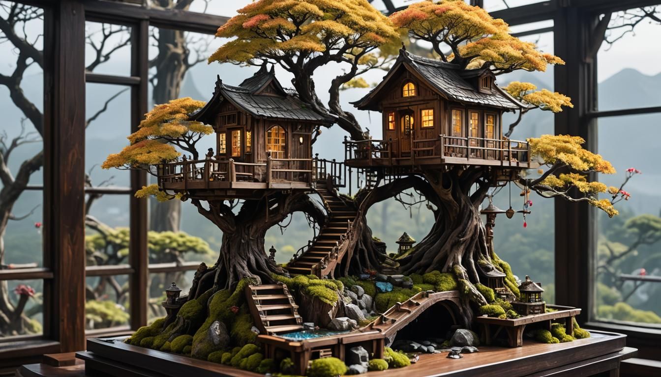 Miniature treehouse with intricate double bonsai on a tray on the ...