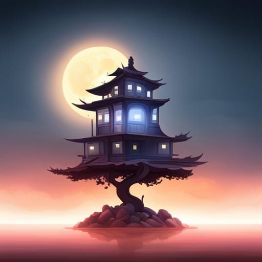 A cyberpunk glowing tree house with a man standing on it, surrounded by ...