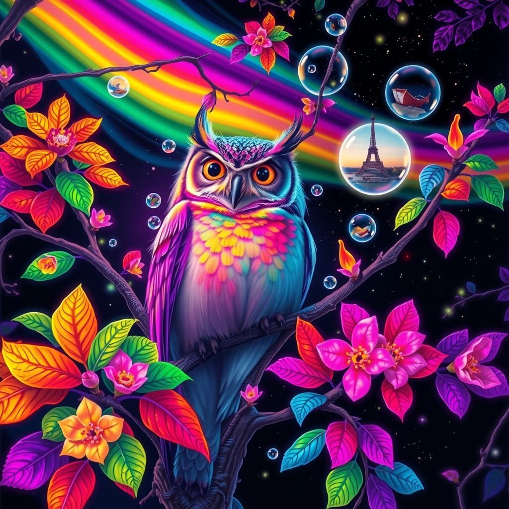 Vibrant Rainbow Owl in a Glowing Tree Amidst a Cos... - AI Art