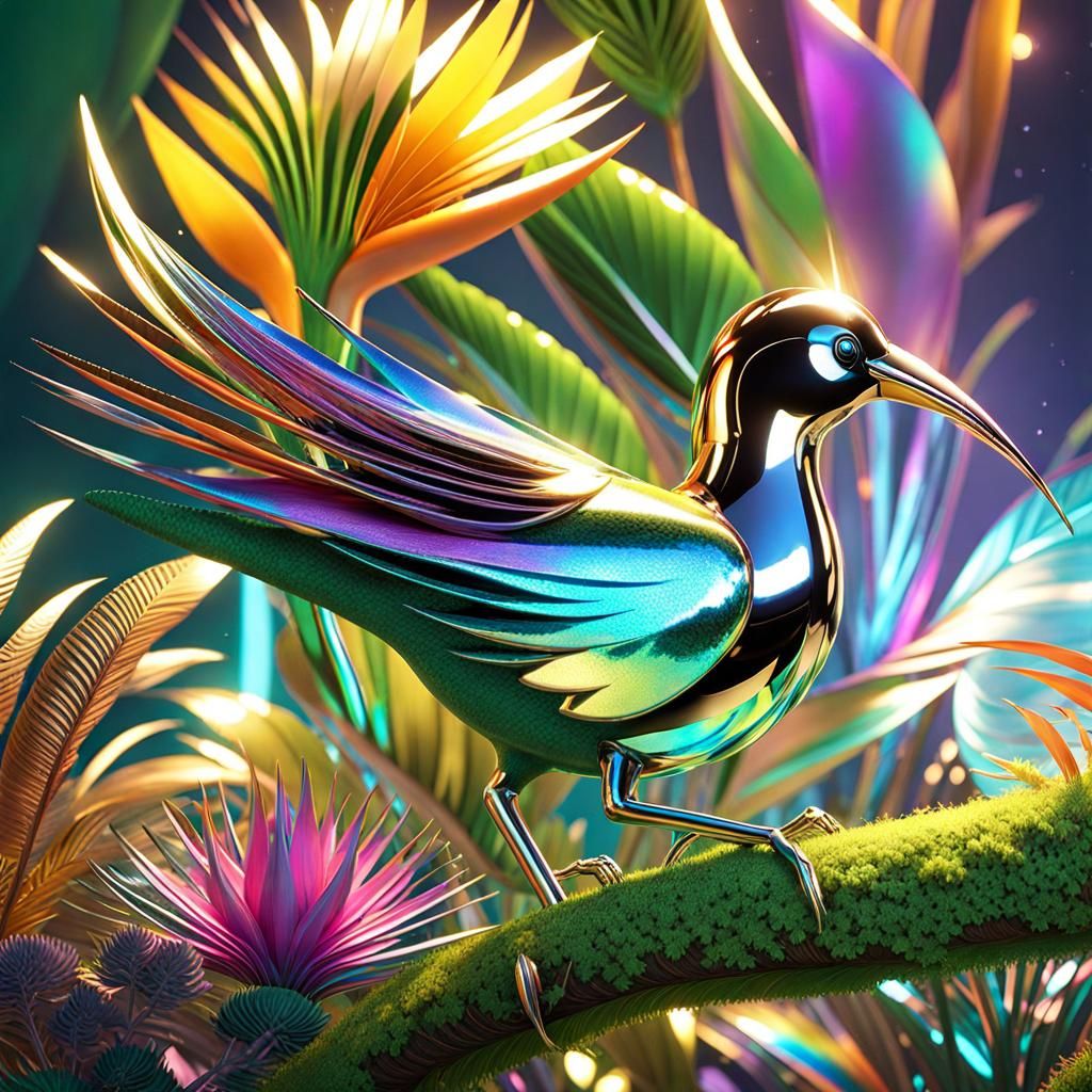 Holographic chrome Bird of Paradise and moss - AI Generated Artwork ...