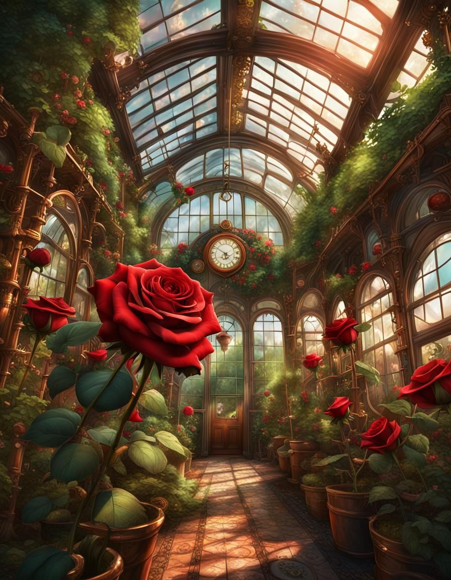 Steampunk Red Rose in Opulent Victorian Greenhouse - AI Art
