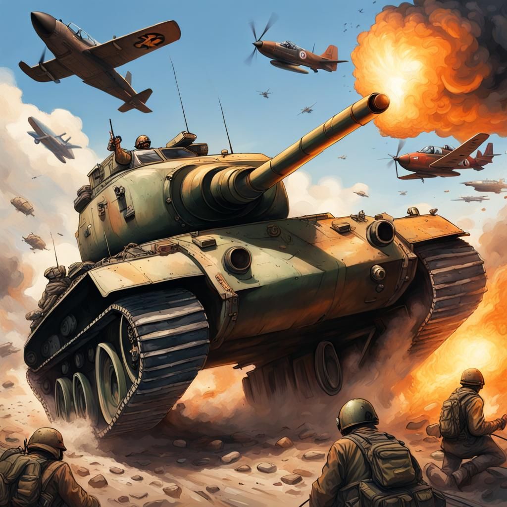 A TANK GOING OVER A CAR AND WAR PLANES ARE FLYING ABOVE IT BEHIND ...