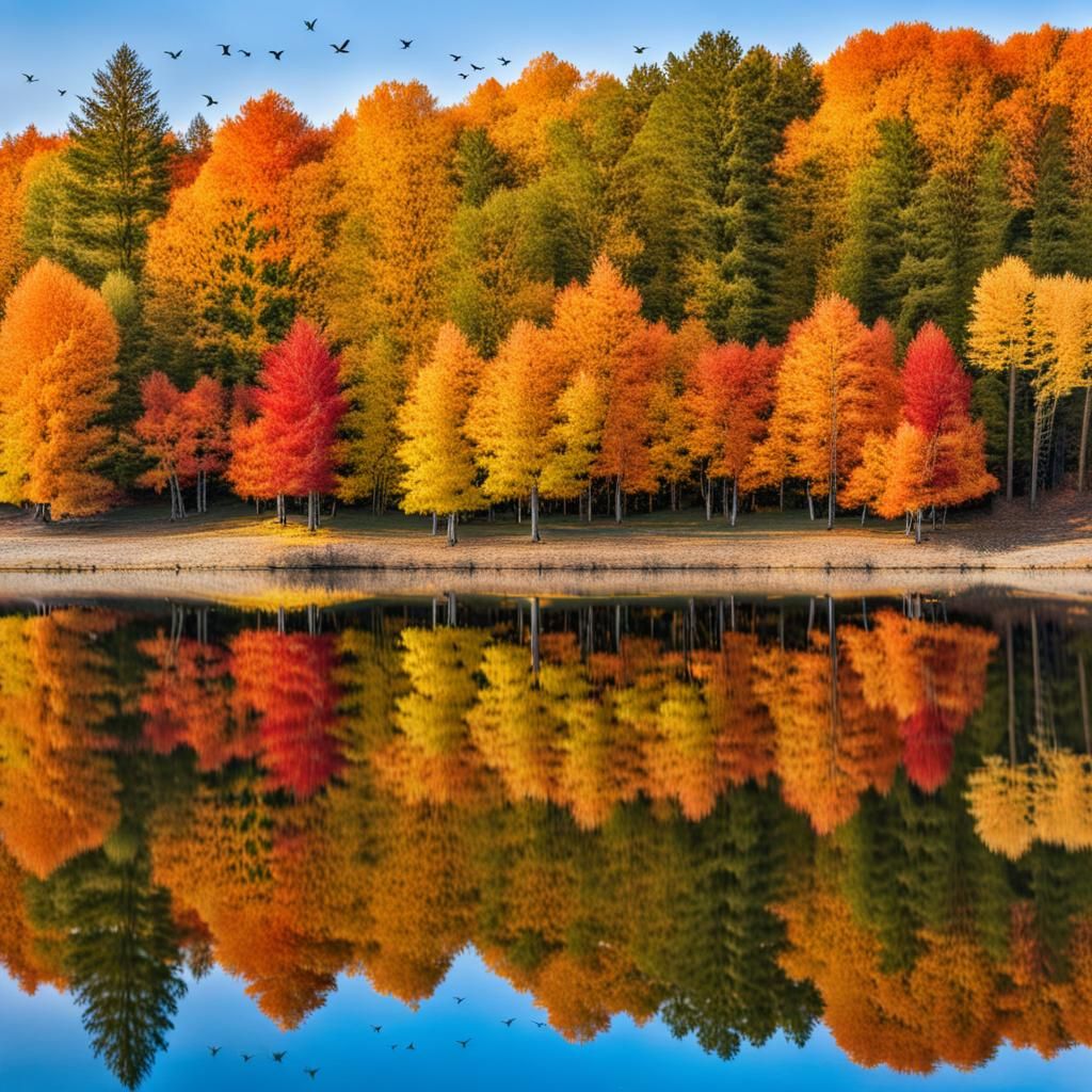A lot of fall trees in fall colors, surrounding a lake with reflection ...