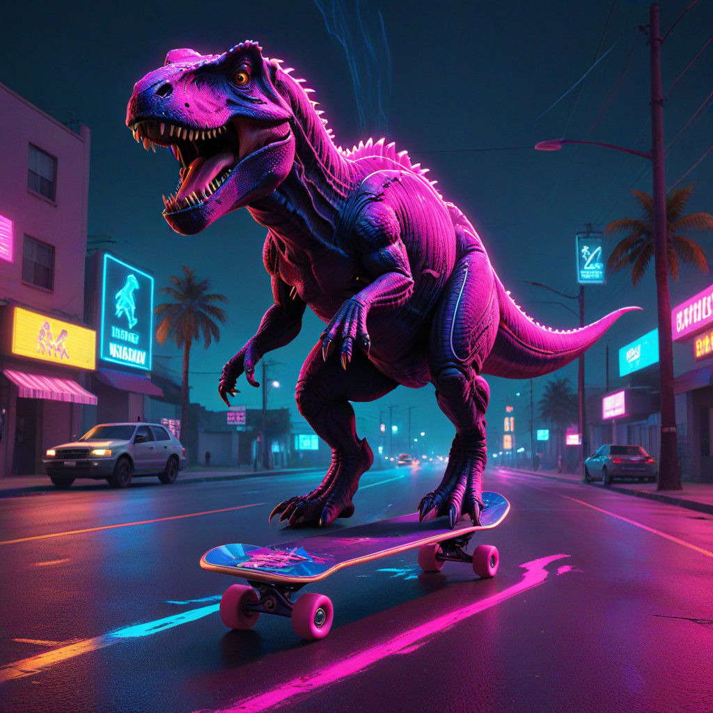T-Rex Cruising Retro Neon Streets in Synthwave Sty... - AI Art