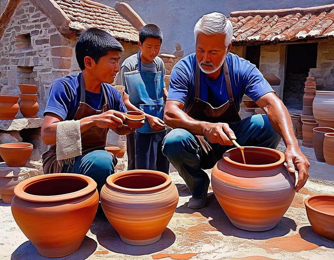Master & Apprentice potters throwing clay pot - AI Generated Artwork ...