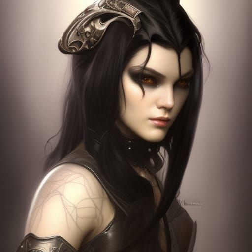 Beautiful long black hair dhampir rogue, leather armor, filigree neck ...