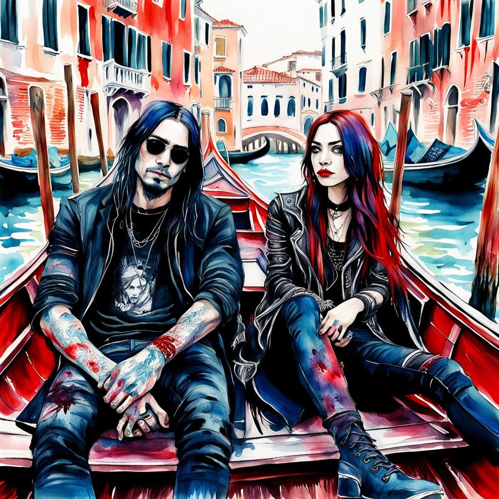 Beautiful goth-rocker couple sitting in gondola in Venice - AI ...