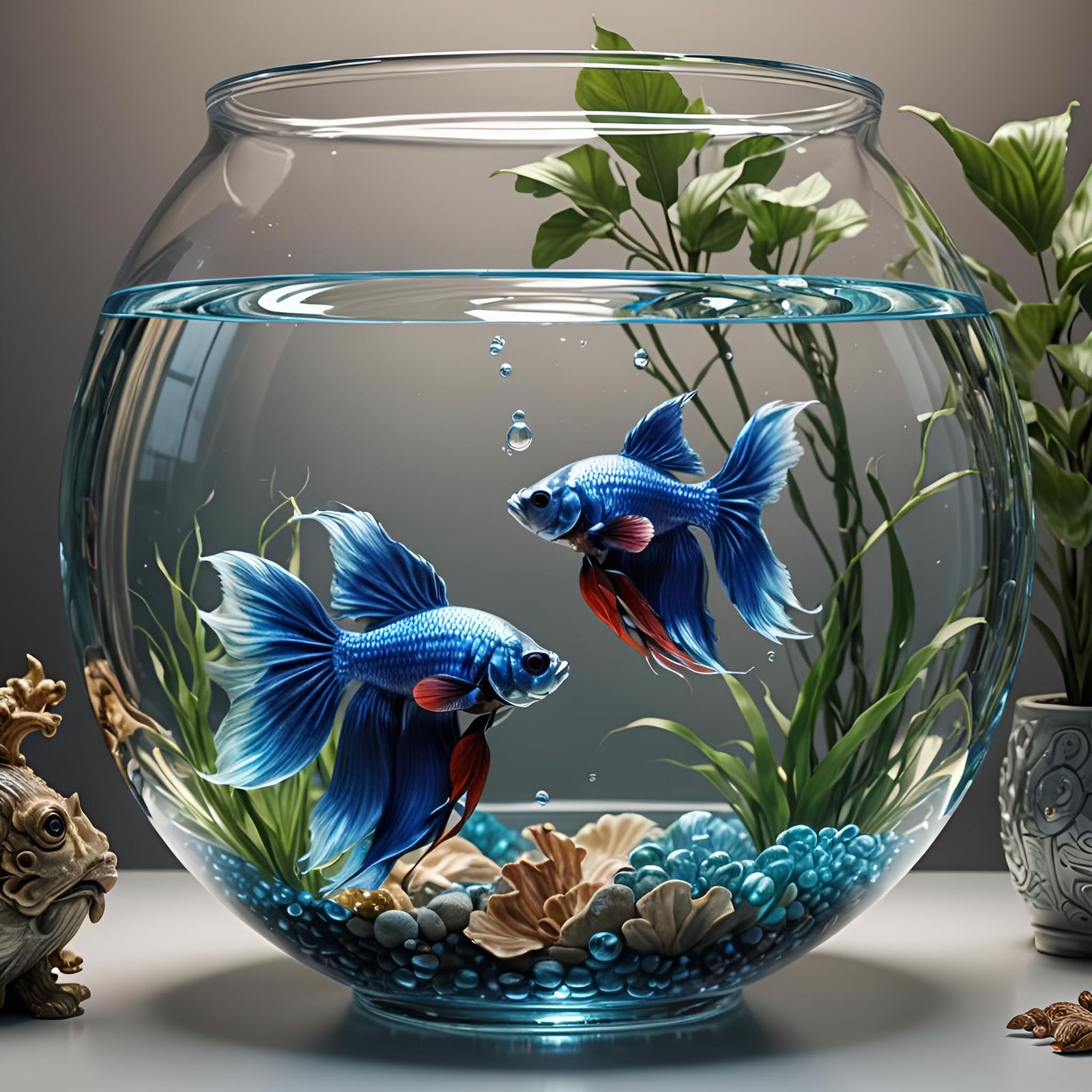 two Siamese Fighting Fish in a large fish bowl, intricately detailed ...