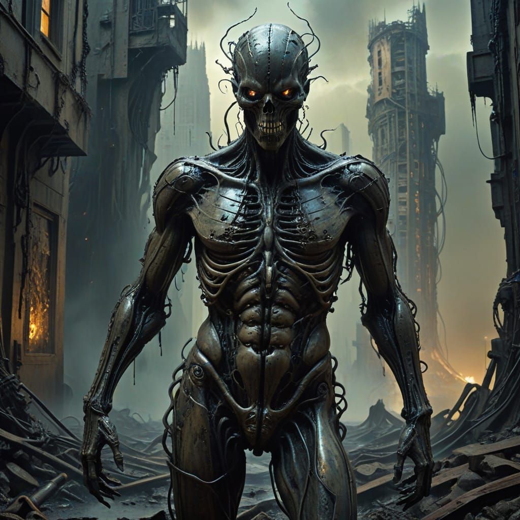 A hyperrealistic Ink and oil picture of a grotesque amalgamation of ...