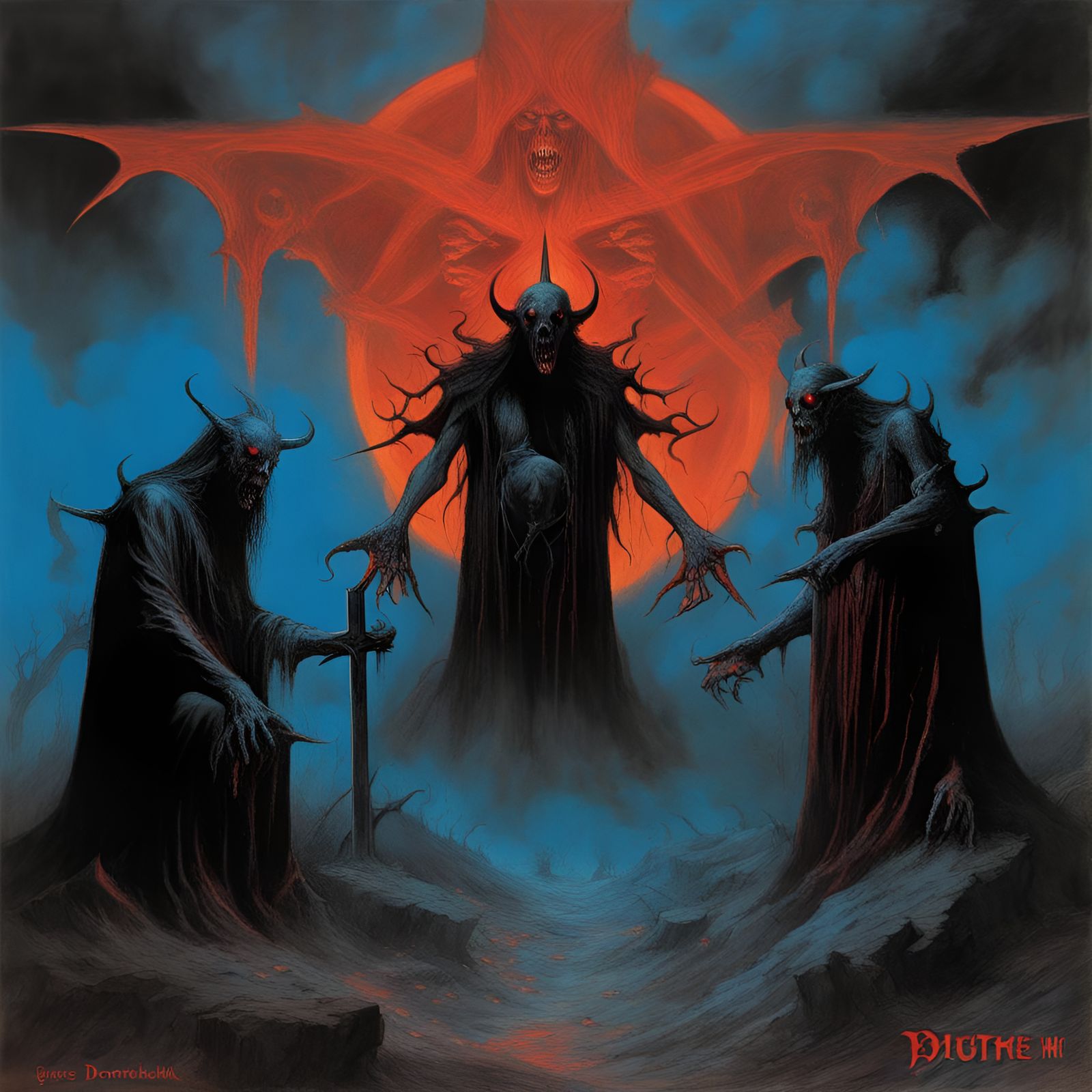 Three Demons come face to face, creatures of hell around, satanic ...