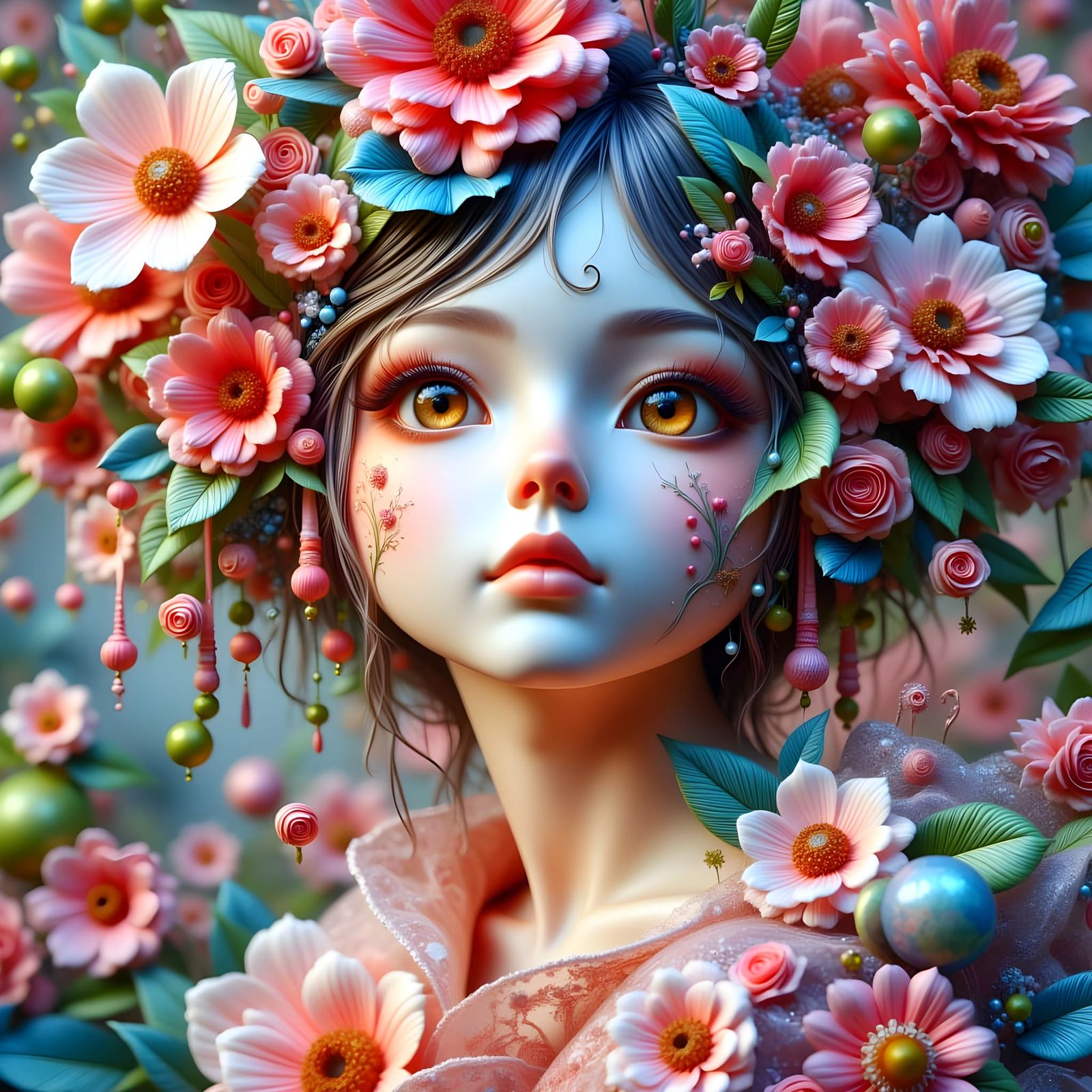 Ethereal Geisha Portrait in Whimsical Ceramic Gard... - AI Art