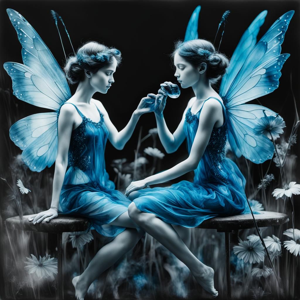 Monochrome Cyan photogram of blue Fairies photorealistic alcohol inks ...