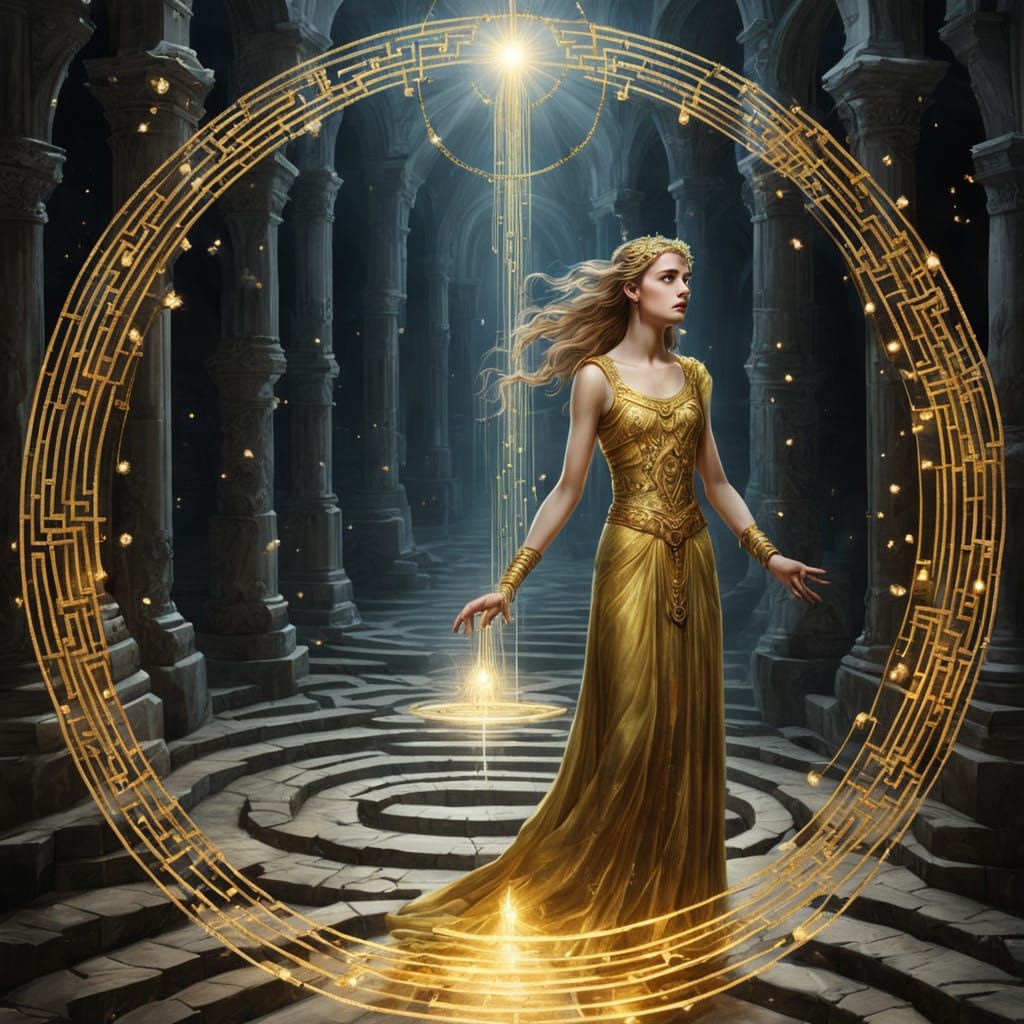 Golden Thread Illuminates Ariadne in a Dark Labyri... - AI Art