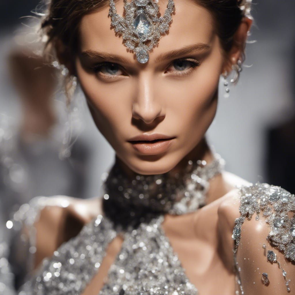 Stunning close-up shot of a beautieful model on a catwalk wearing an ...