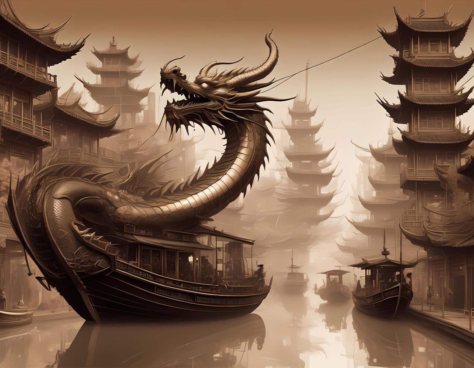 Sepia art illusion Chinese junks cyberpunk steampunk fantasycore ...
