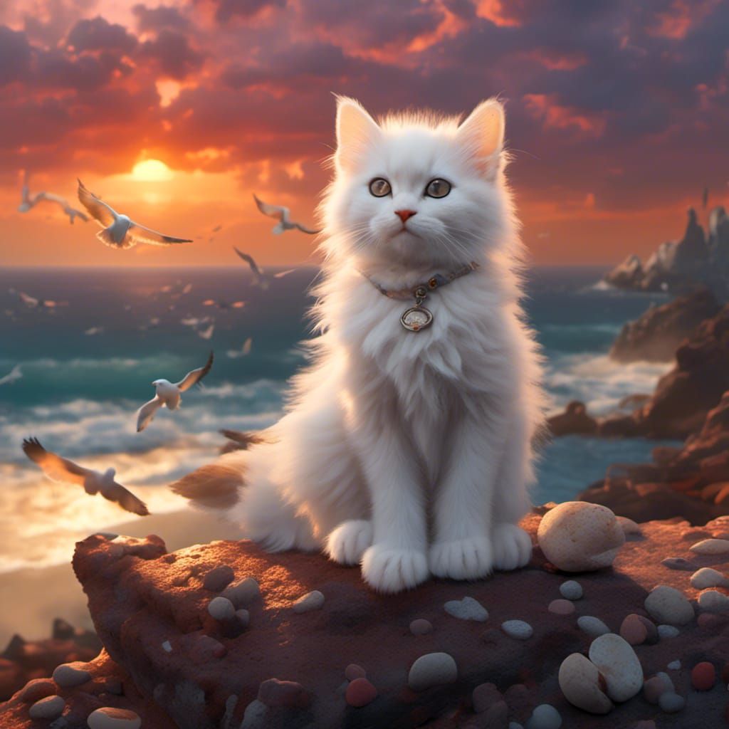 A fluffy, white is sitting on a rock looking at the ocean, looking ...