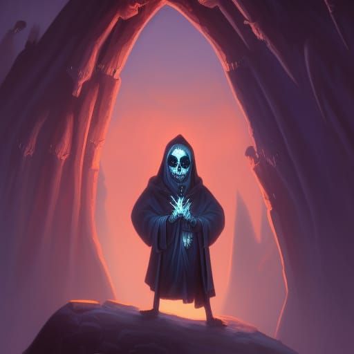 necromancer character, mischievous cartoon face, hooded cloak, skeletal ...