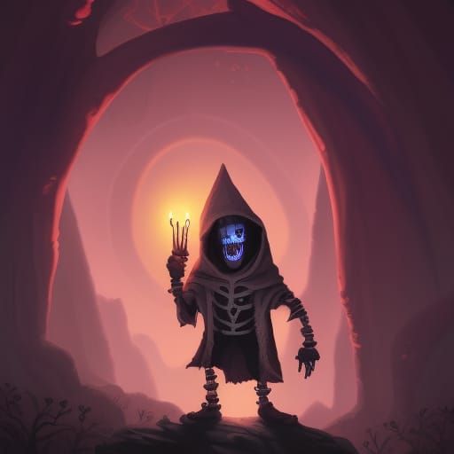 necromancer character, mischievous cartoon face, hooded cloak, skeletal ...