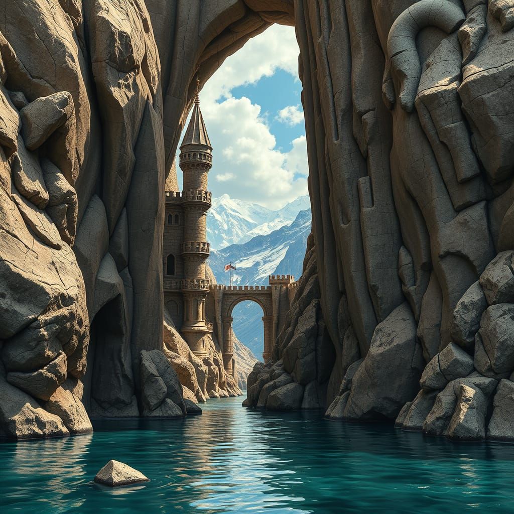 Gothic Futurist Castle Amidst Rocky Mountains - AI Art