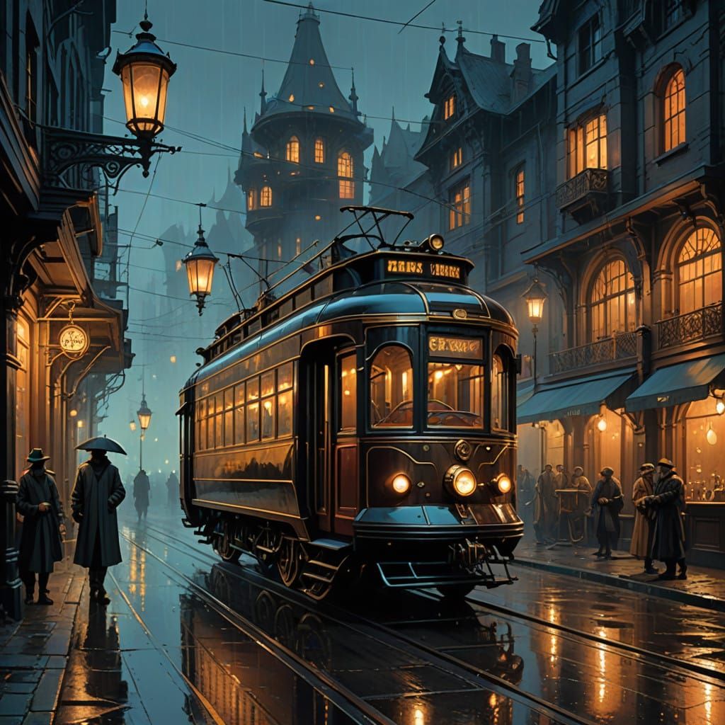 Gothic Steampunk Nightscapes: Victorian Tram Illum... - AI Art