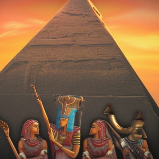 Nefertiti surrounded by Isis and Osiris in front of a pyramid at sunset ...