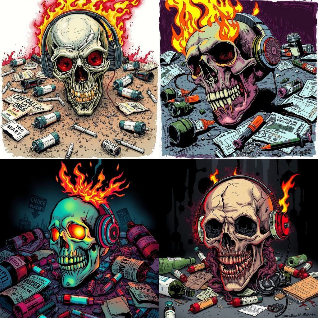 Grotesque Zombie Skull with Burning Headphones in ... - AI Art