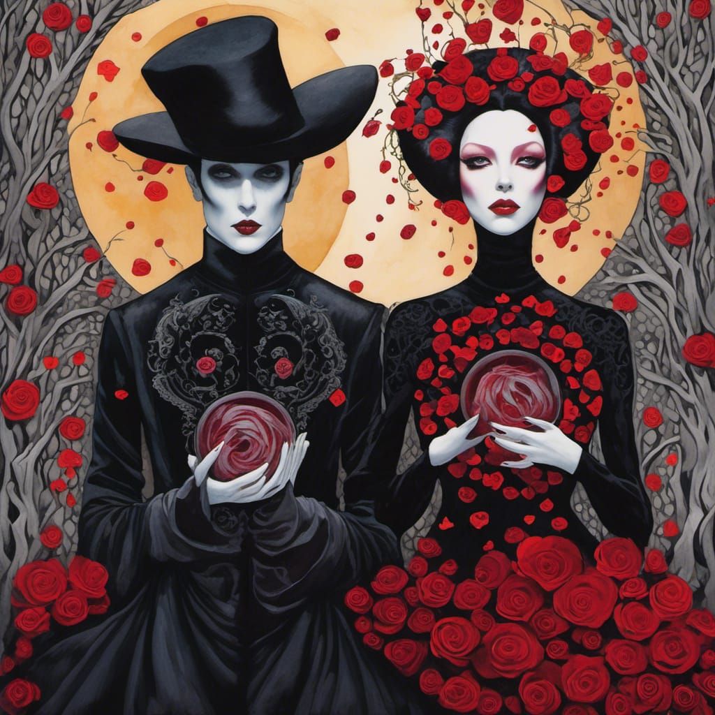 My dark Valentine, chibi goth couple, gothic alcohol inks - AI ...