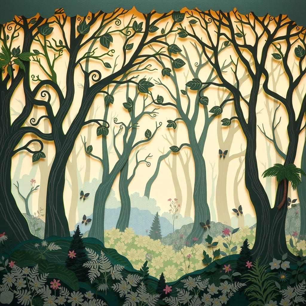 Enchanted Paper Forest in Pastel Hues with Whimsical Touches.