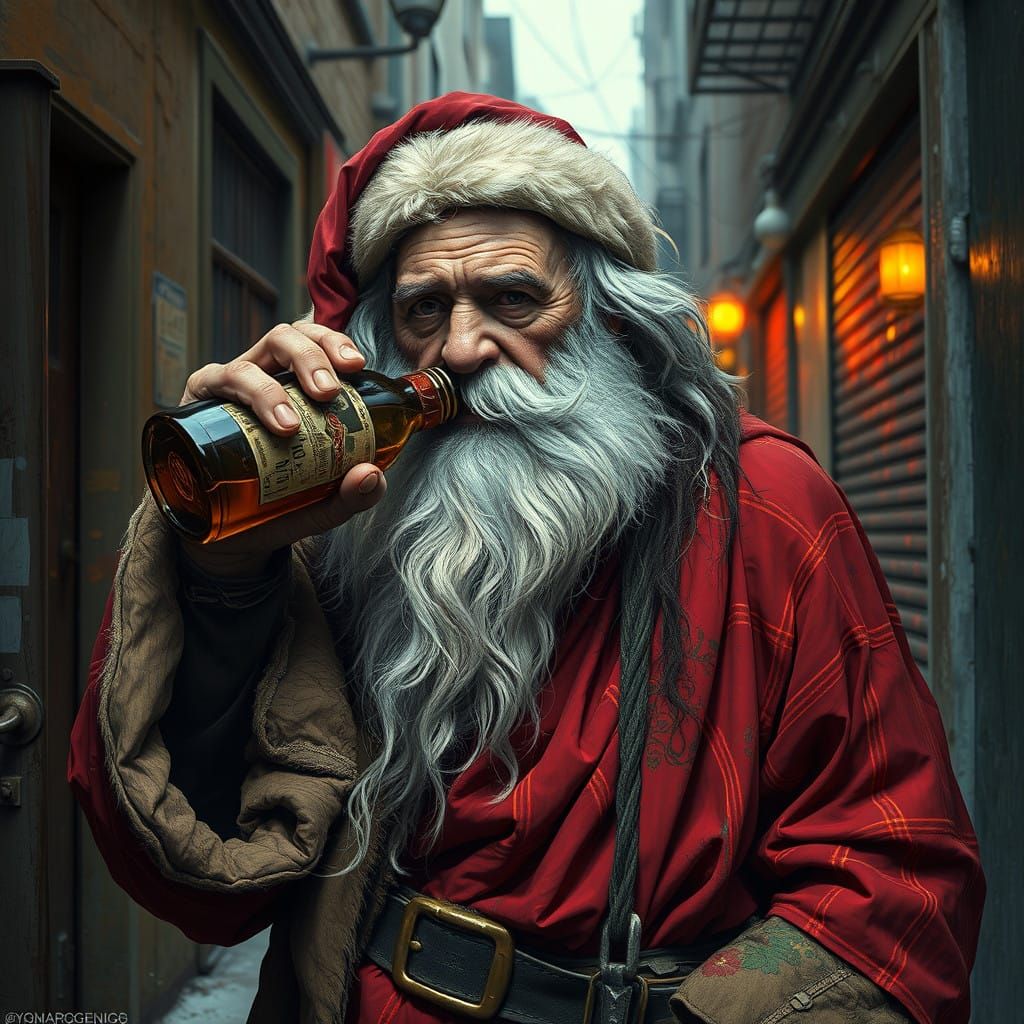 Tattered 80s Homeless Santa Clings to Liquor in Ur... - AI Art
