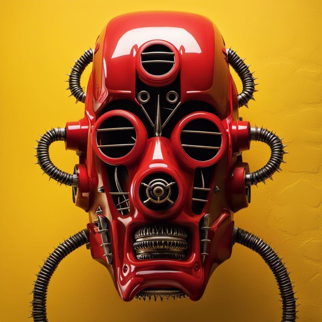 A red plastic robot mask on a yellow background, hyperrealism ...