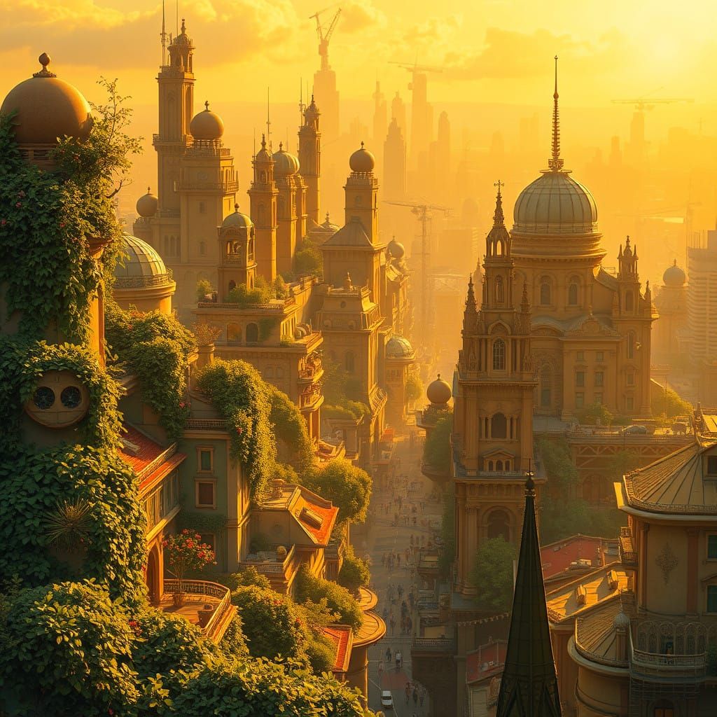 Solarpunk Cityscape in Vibrant, Golden Light, as A... - AI Art