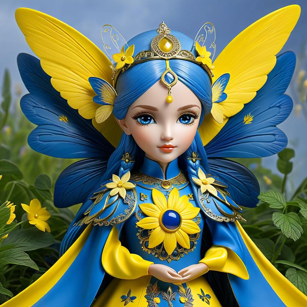 Ukrainian Guardian Fairy, blue and yellow, high quality facial features ...