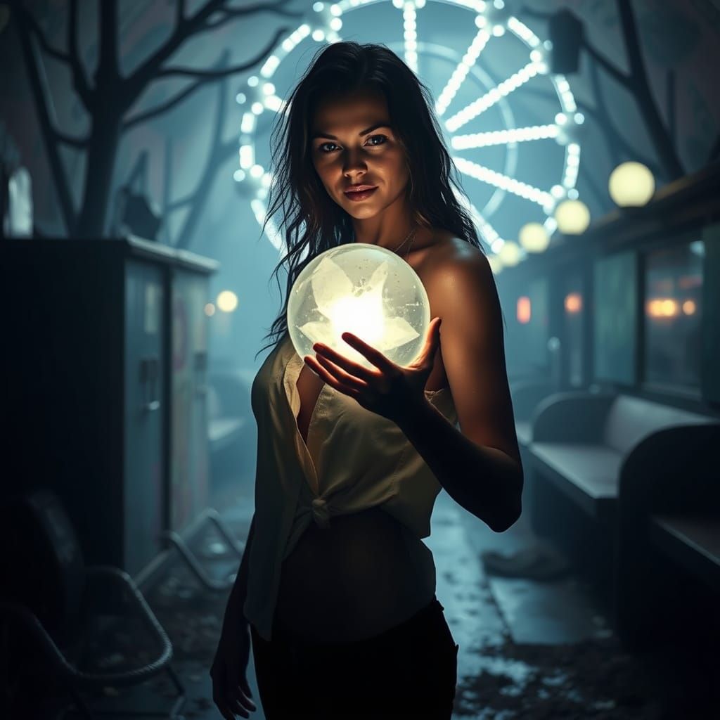 Shirtless Woman in Abandoned Amusement Park - AI Art