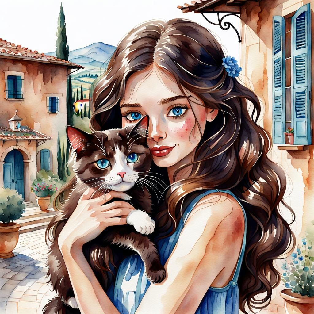 Girl dark brown wavy long hair blue eyes round heart face cheeks chin ...