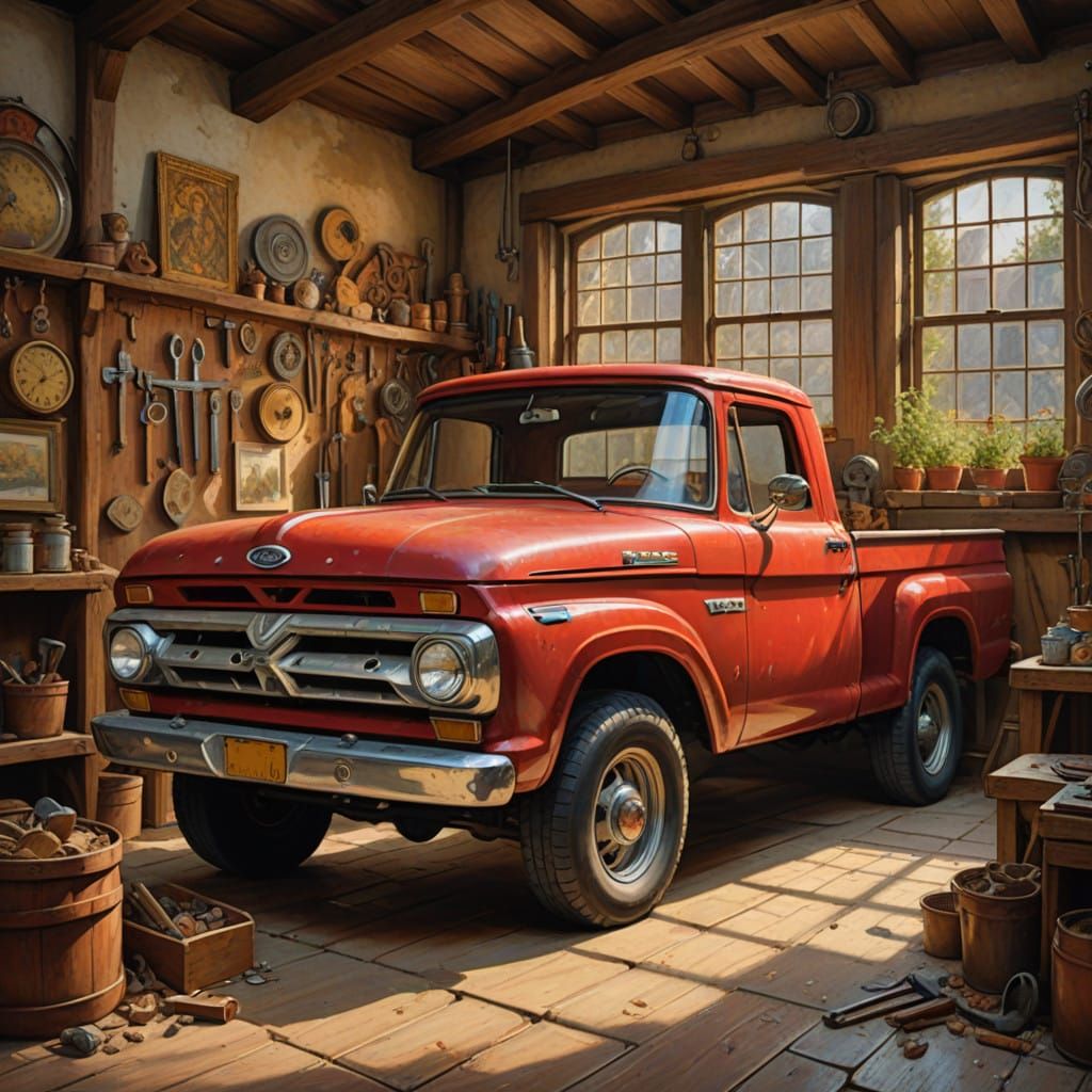 an oil painting of a 1962 ford f100 stepside pickup truck