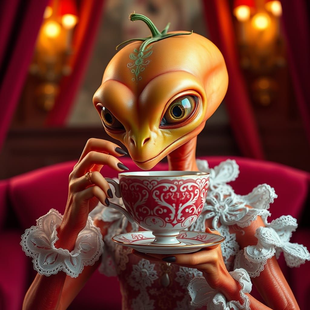 Anthropomorphic tomato-alien drinking tea