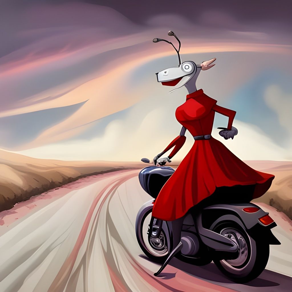 a robot in a red dress on a motorcycle driving and floating through ...
