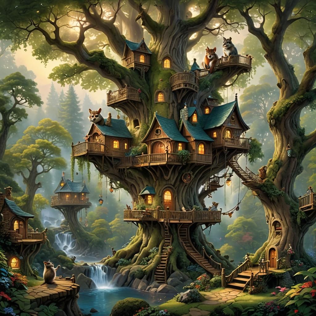 Fantasy Treehouse Sanctuary: In a sprawling, ancient tree, a variety of ...
