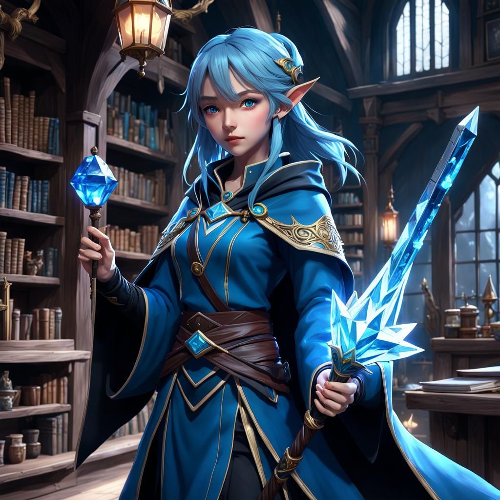 Female Wizard in a Magic Shop carrying in her arms a Blue Crystalline ...