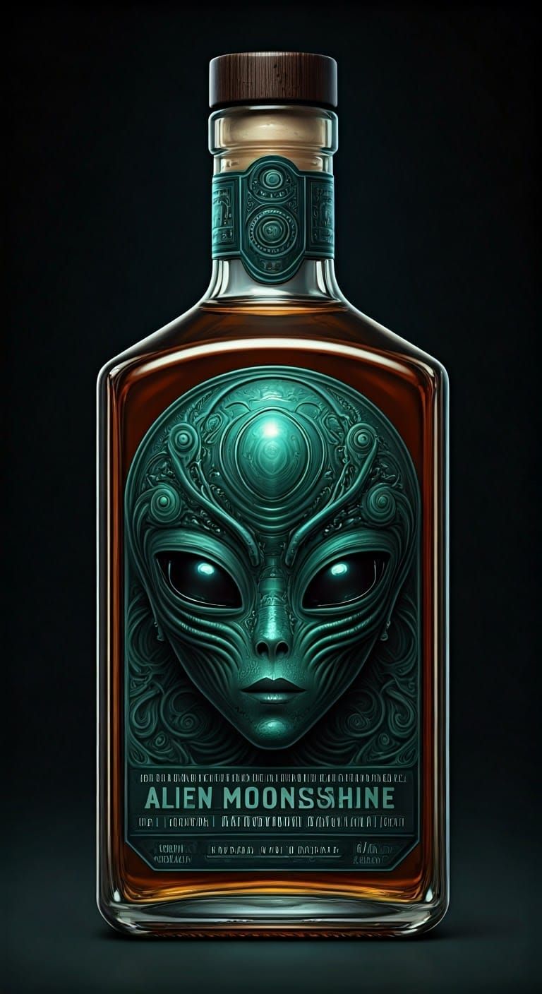 Cyberpunk Alien Moonshine Bottle Label Art - AI Art