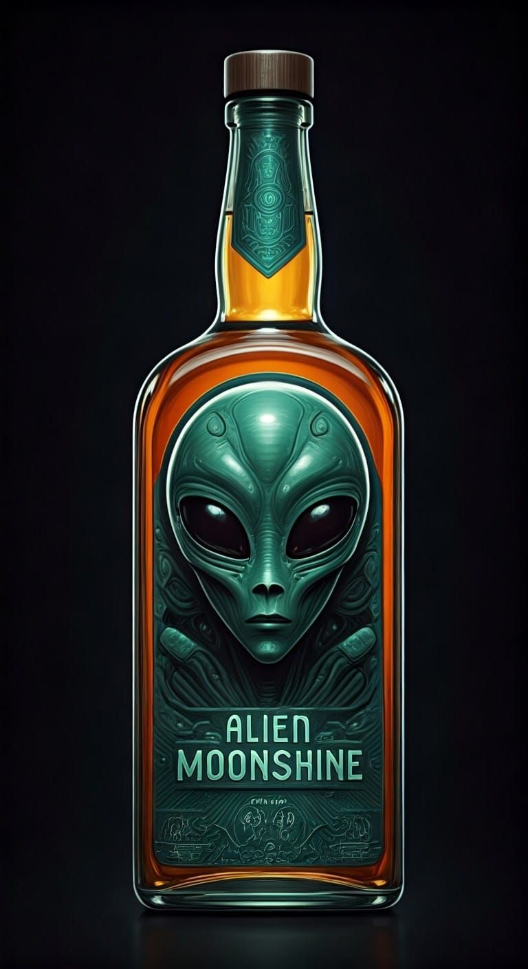Cyberpunk Alien Liquor Bottle Label Art - AI Art