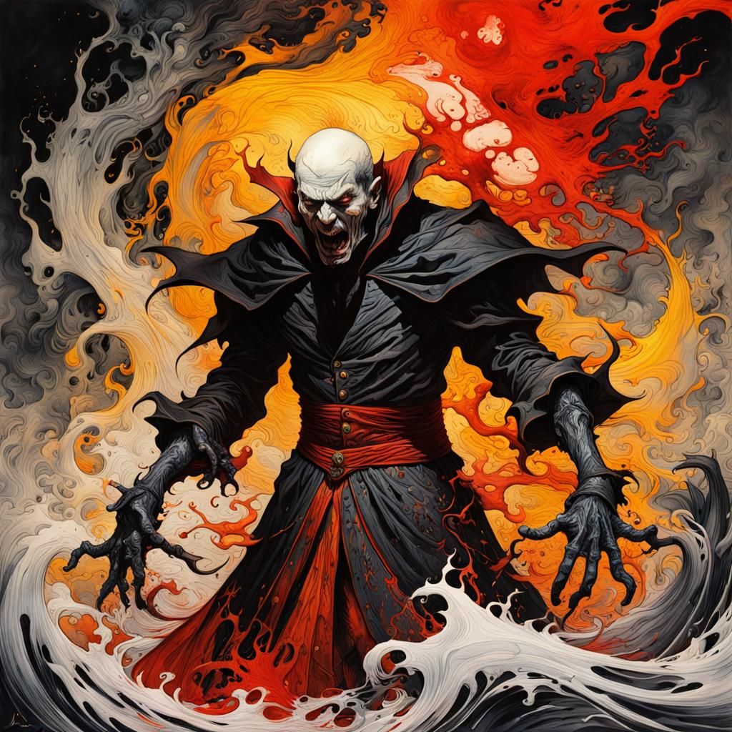 Terrifying shadow Dracula, red orange yellow black white, liquid, ink, splatter, splash, by ...