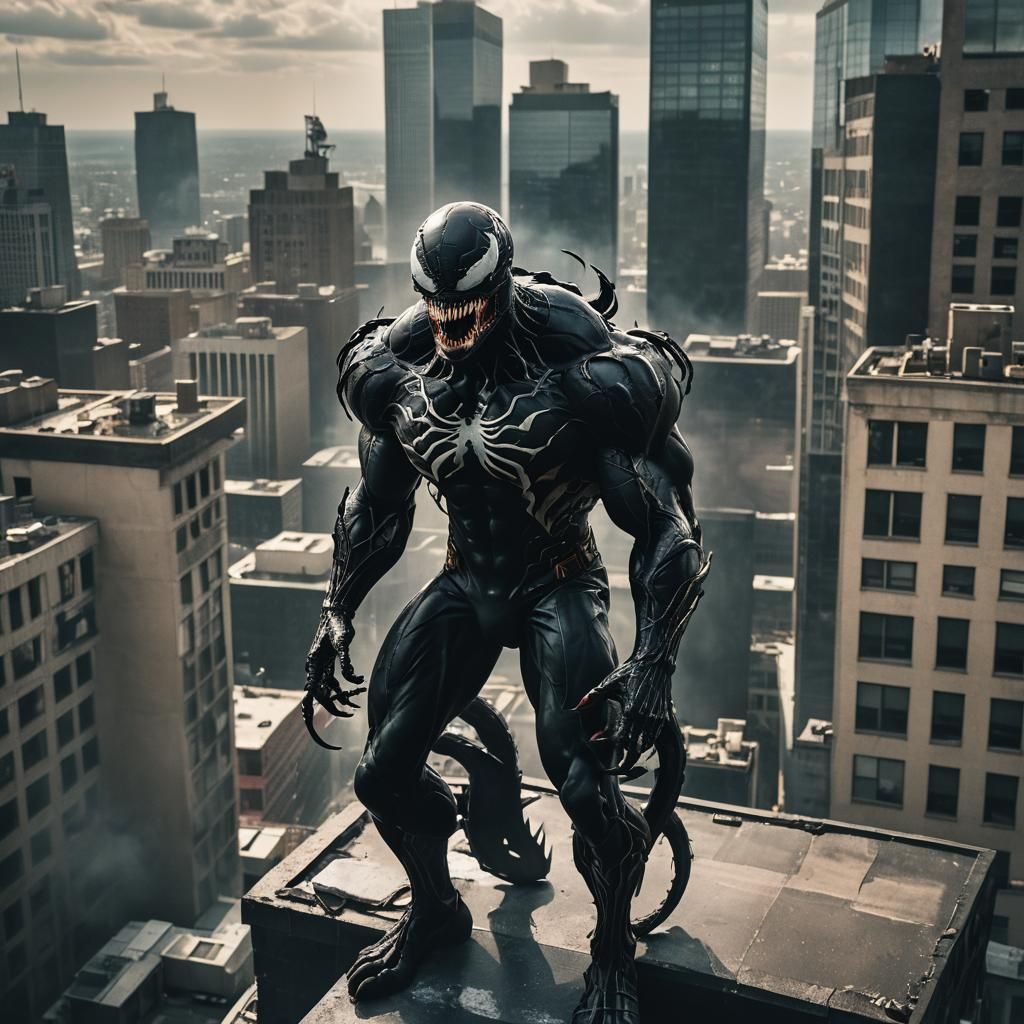 An image of Venom From Marvel standing on the edge of a building ...