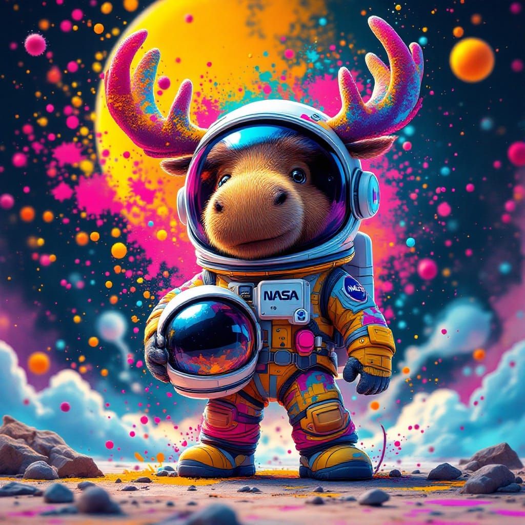 Moosterpiece! - Vibrant Chibi Moose Astronaut in Cosmic Spac...