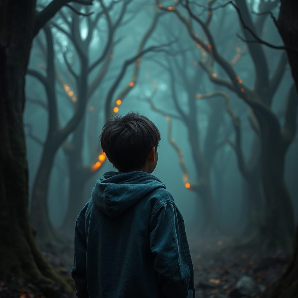 a boy with a blue hoodie - Mystical Boy in Ancient Forest w...