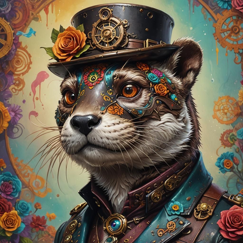 Medium shot of a of a steampunk otter wearing colorful Día de los Muertos face paint. - AI ...