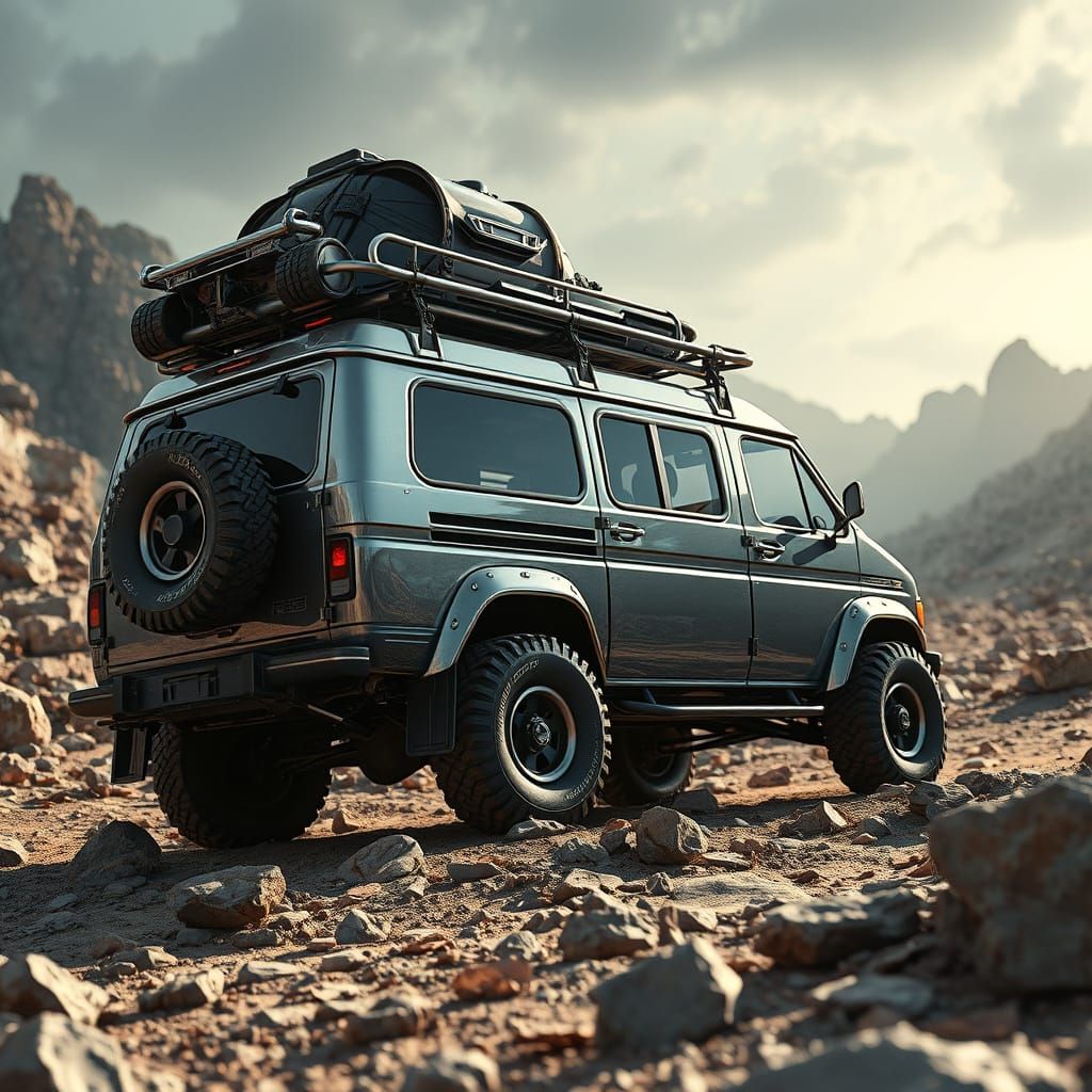 Rugged Minivan Conquers Rocky Terrain in Futuristi... - AI Art