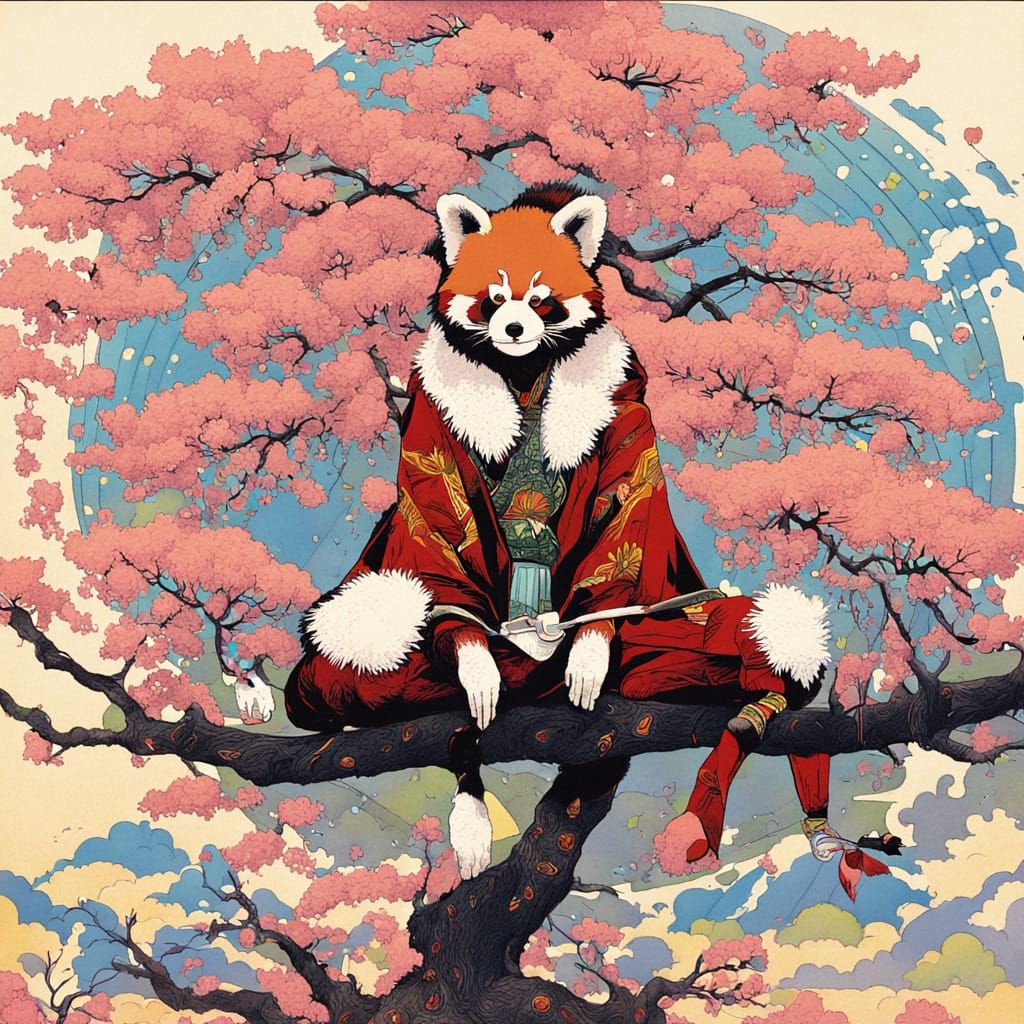 A red panda - Anime-Style Red Panda Surrounded by Cherry Blo...